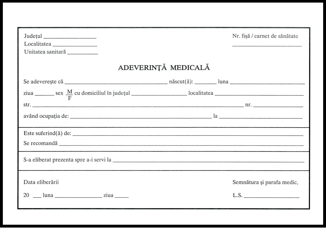 Adeverinta medicala , format A6, 100 file/carnet